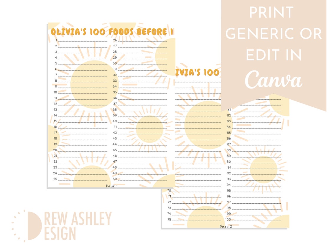 100 Foods Before 1 Baby Led Weaning Food Chart Sunshine | Etsy