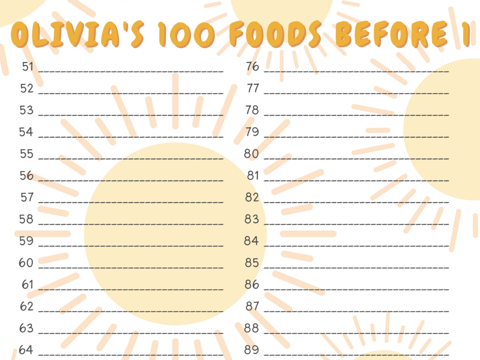 100 Foods Before 1 - Baby Led Weaning Food Chart - Sunshine - Edit in ...