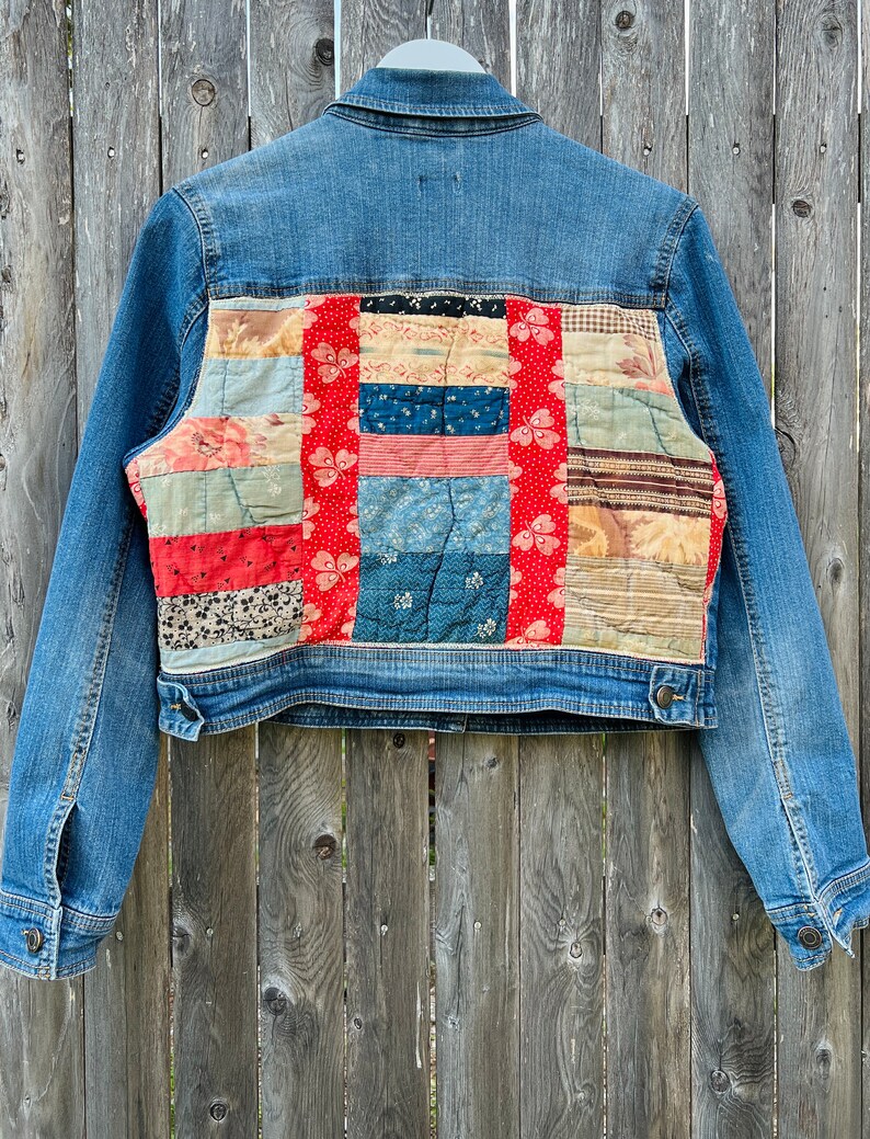 Upcycled Denim Jacket With Vintage Quilt Patchesindigo and Turkey Red ...