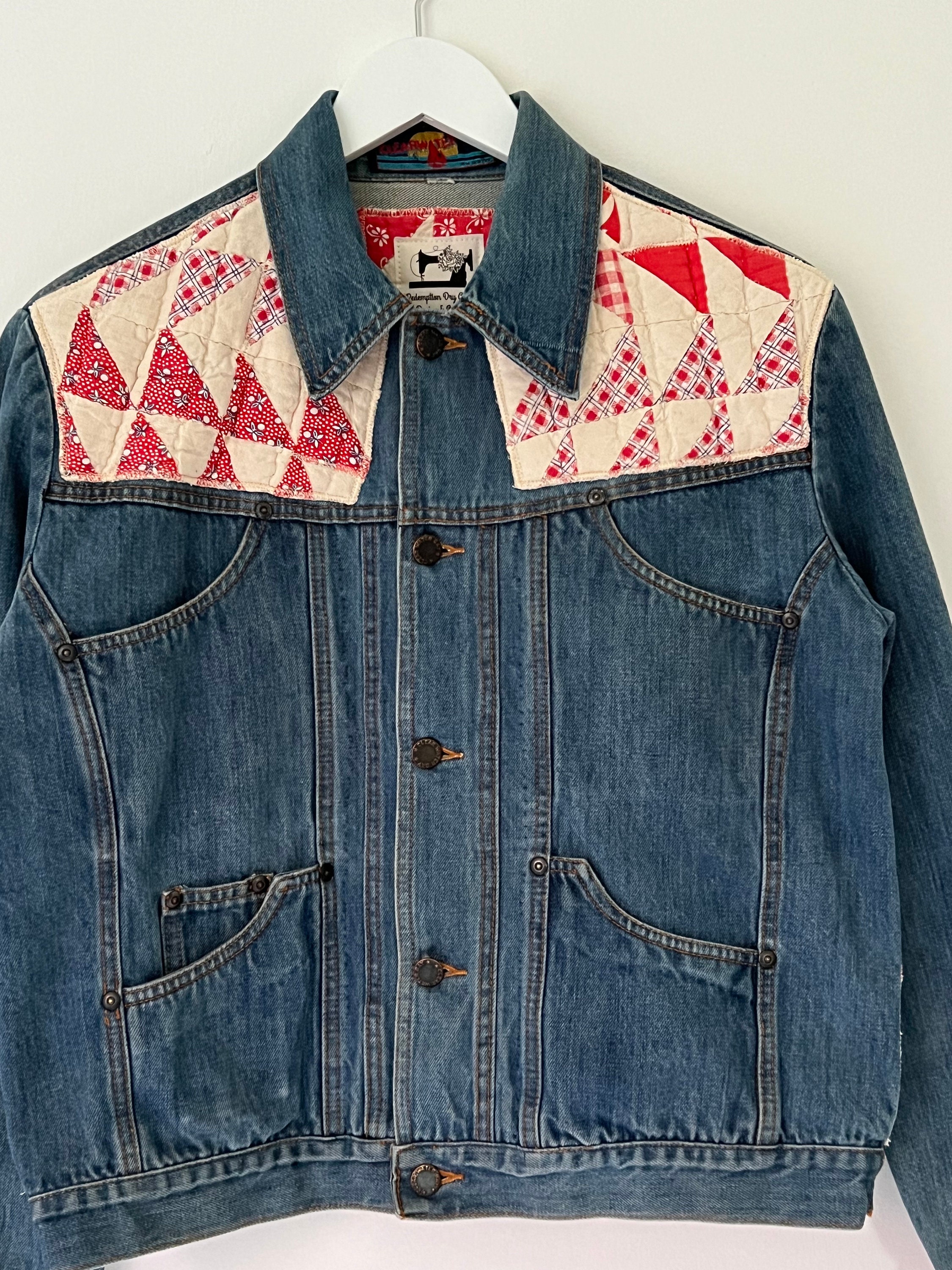 Upcycled Vintage Denim Jacket With Vintage Quilt Block Patches - Etsy