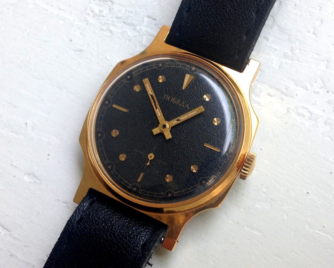 Vintage Pobeda Mens Watch: Gold Plated Case, Black Dial, Leather Strap ...