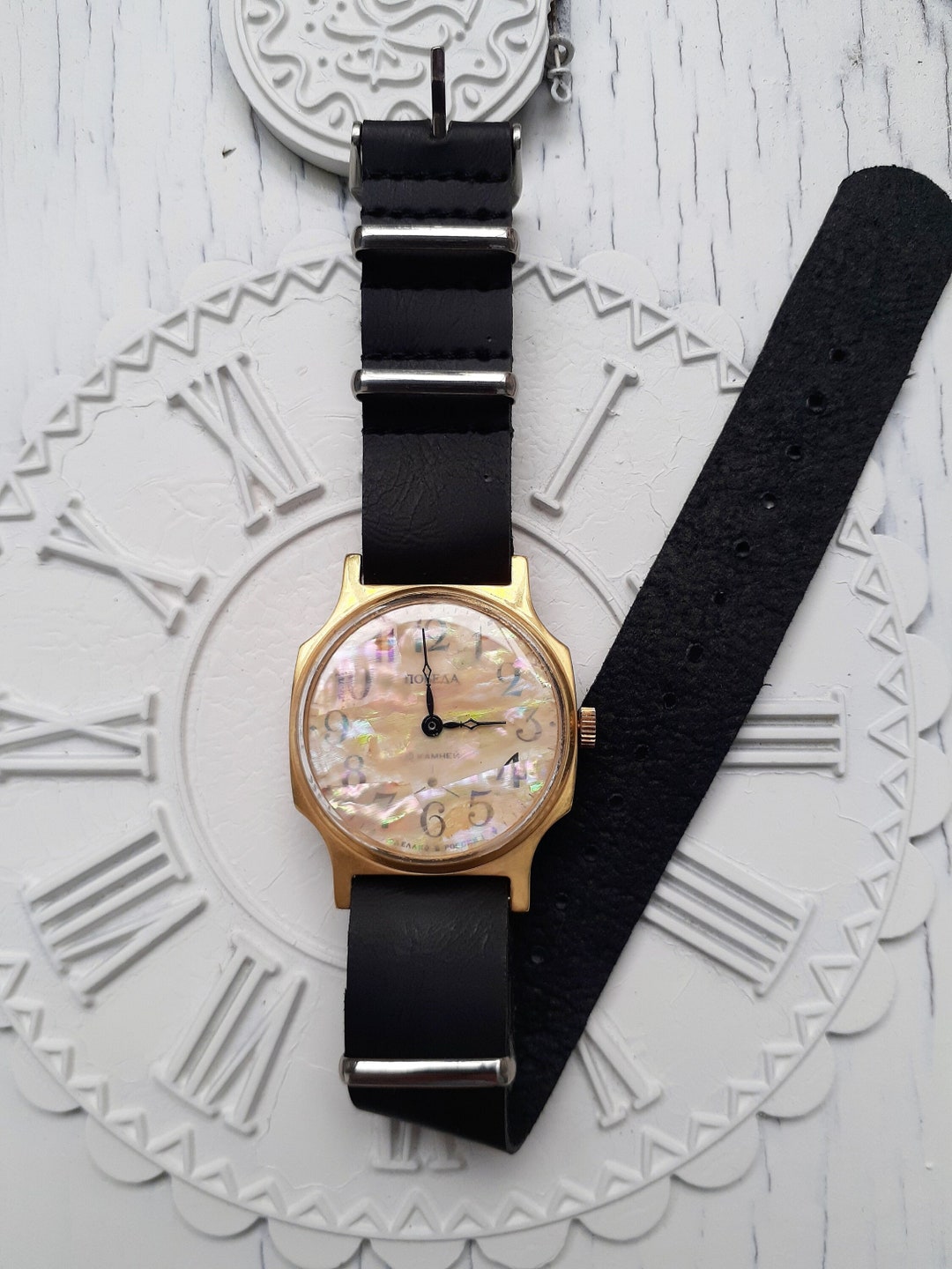 Vintage Pobeda Watch: Gold Plated, Mother of Pearl Dial, Leather Strap ...