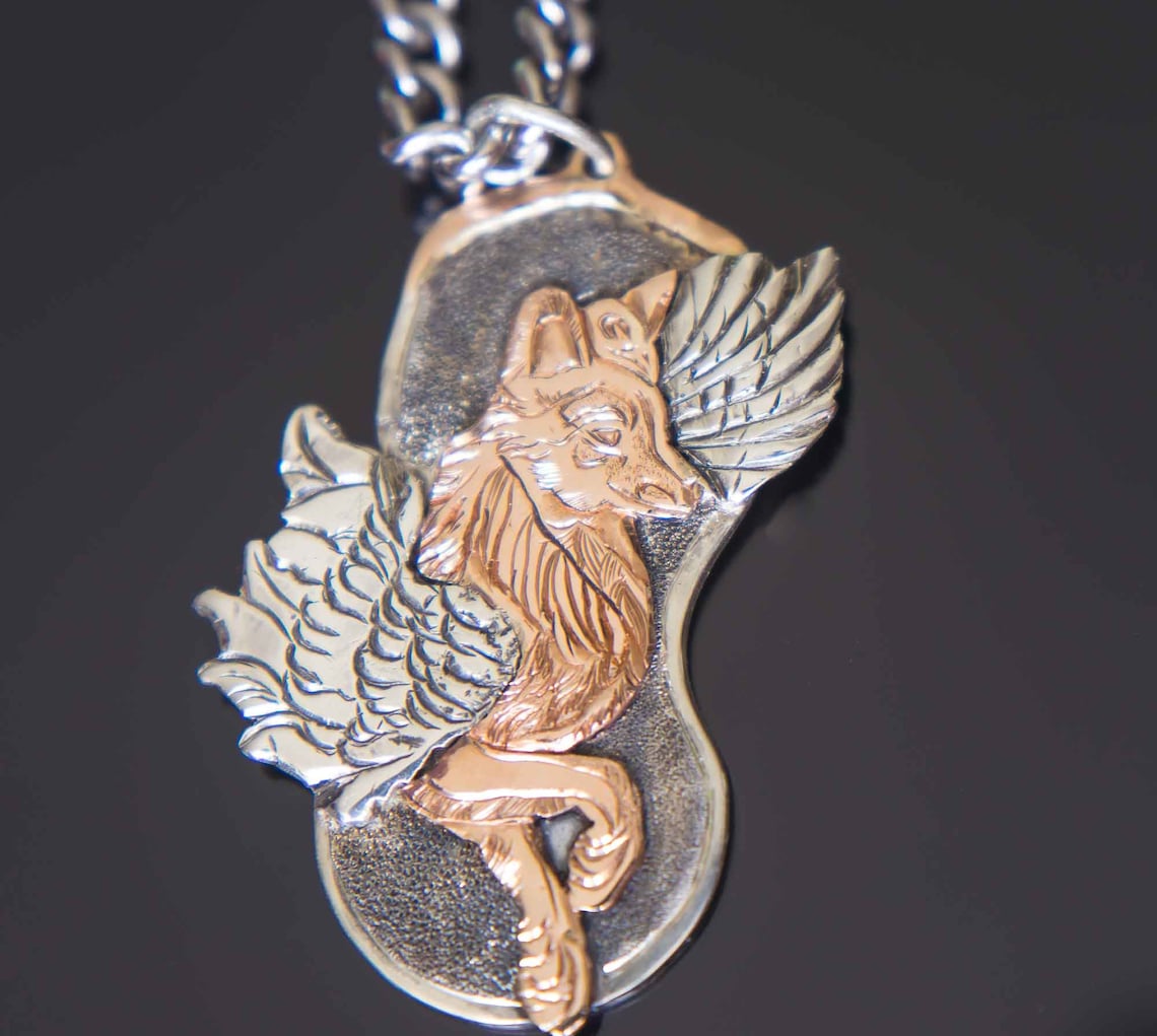 Hand Engraved Pendant Fox Necklace Winged Fox Pendant Rose | Etsy