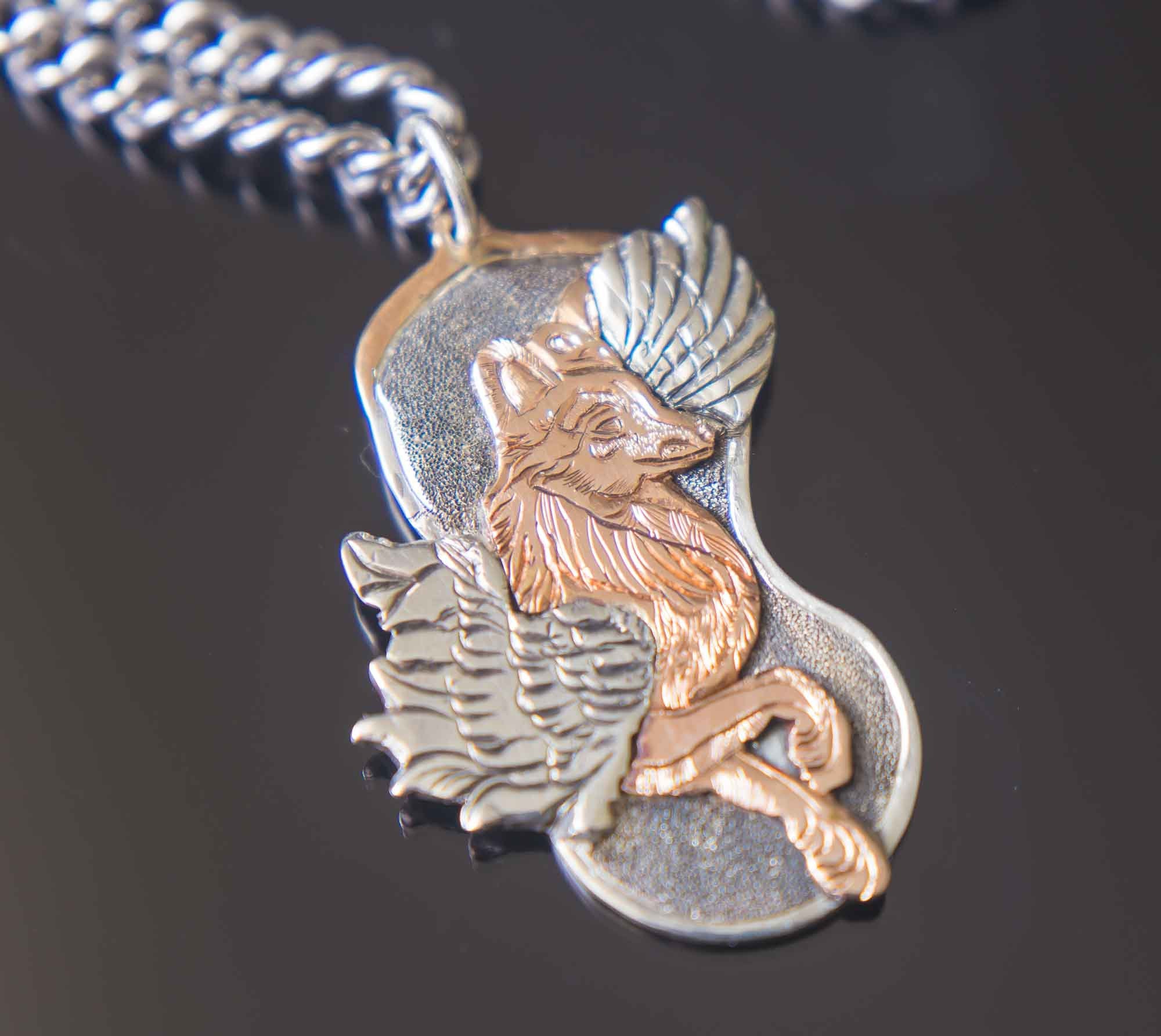 Hand Engraved Pendant Fox Necklace Winged Fox Pendant Rose | Etsy