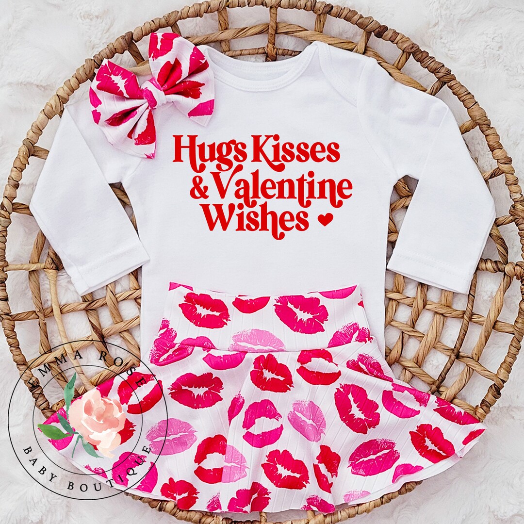 Baby Girl Valentines Outfit, Hugs and Kisses Valentines Shirt, Lipstick ...