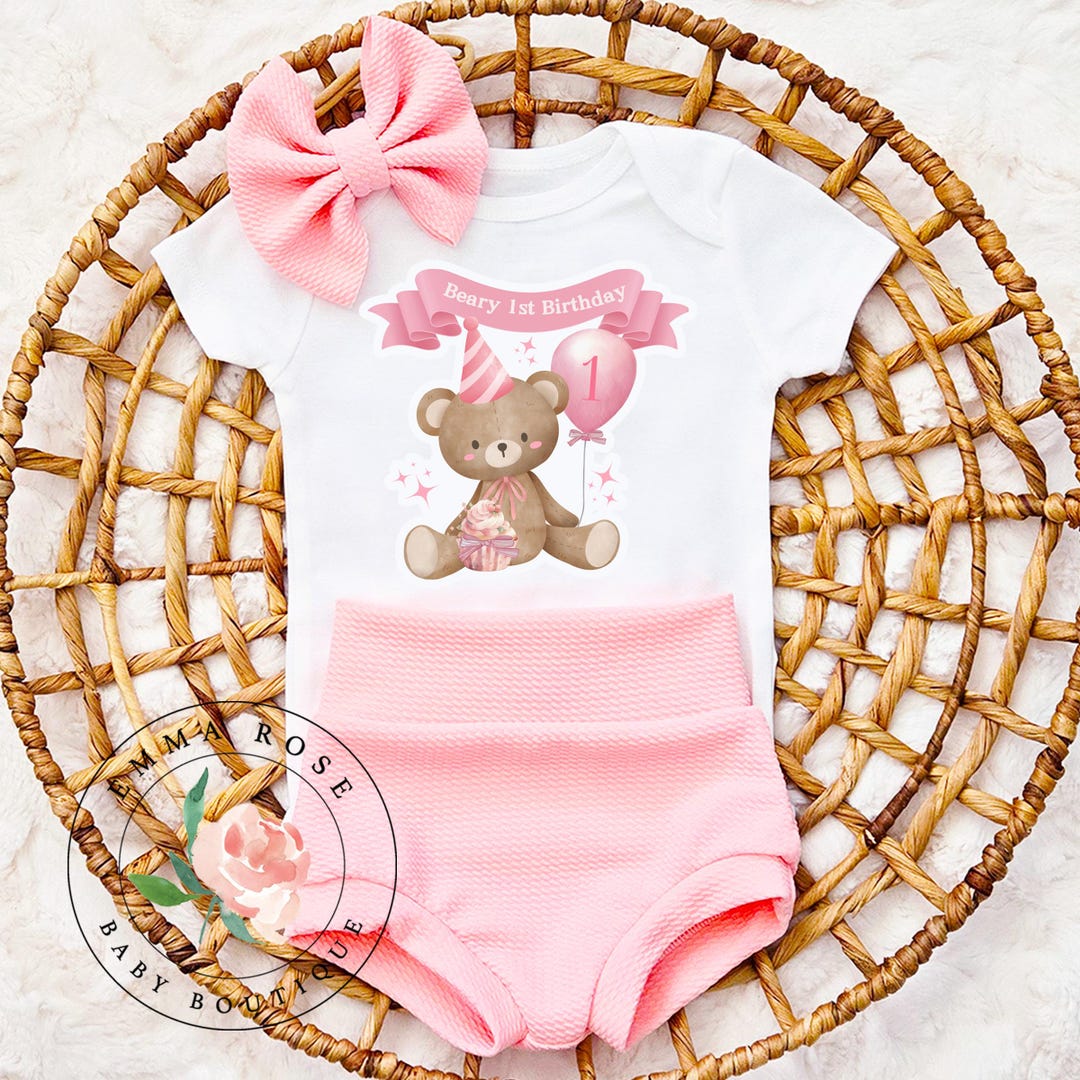Beary First Birthday Outfit Girl, Blush Pink Bummies, Teddy Bear 1st ...