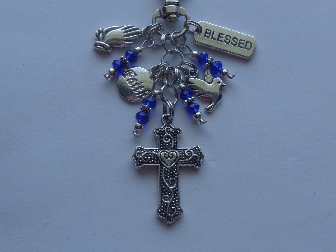 Religious, Catholic, Cross, Praying Hands, Dove, Blue Beads, Faith, Blessed, Key Chain, Purse ...