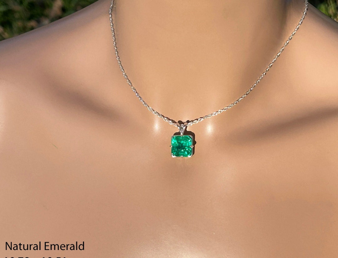 Natural Emerald May Necklace/ Sterling Silver / Near Square Hand Cut 5 ...