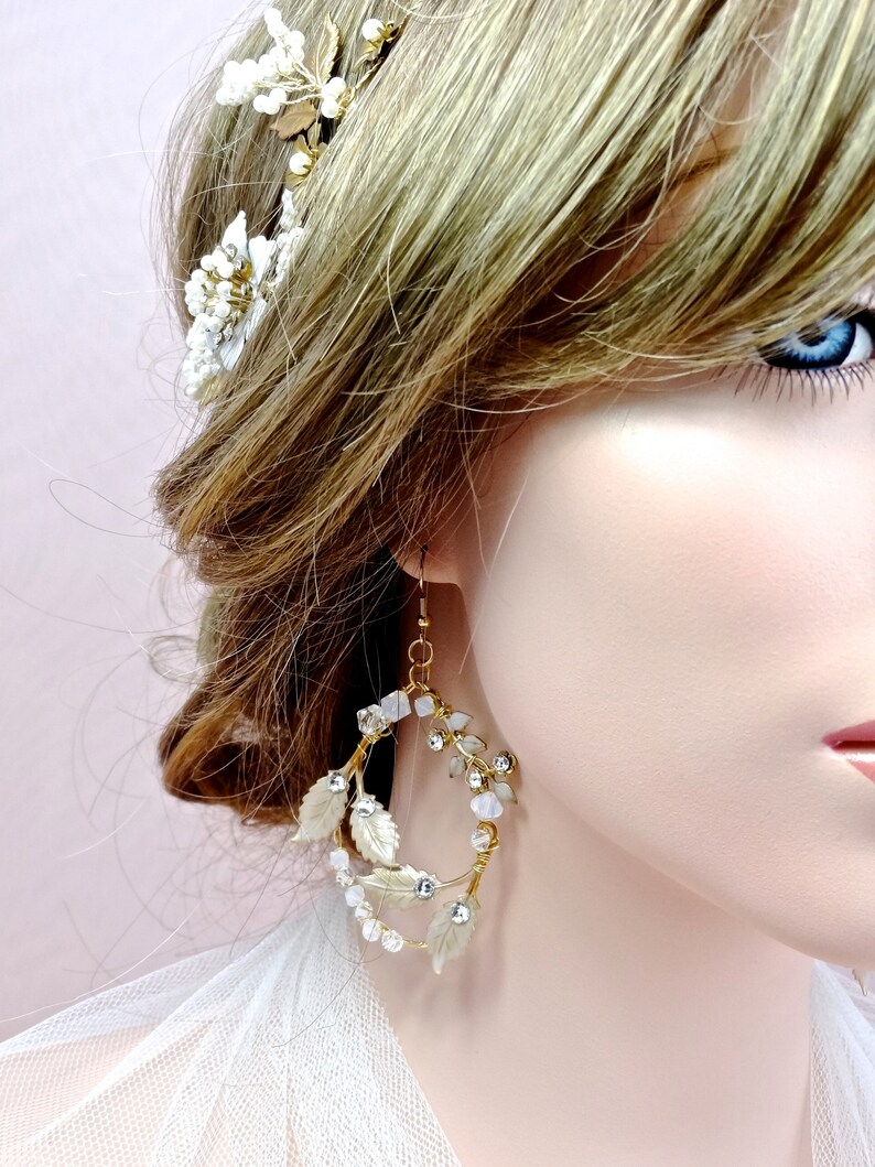 Gold Floral Wedding Earrings, Crystal Bridal Statement Earrings. Style ...