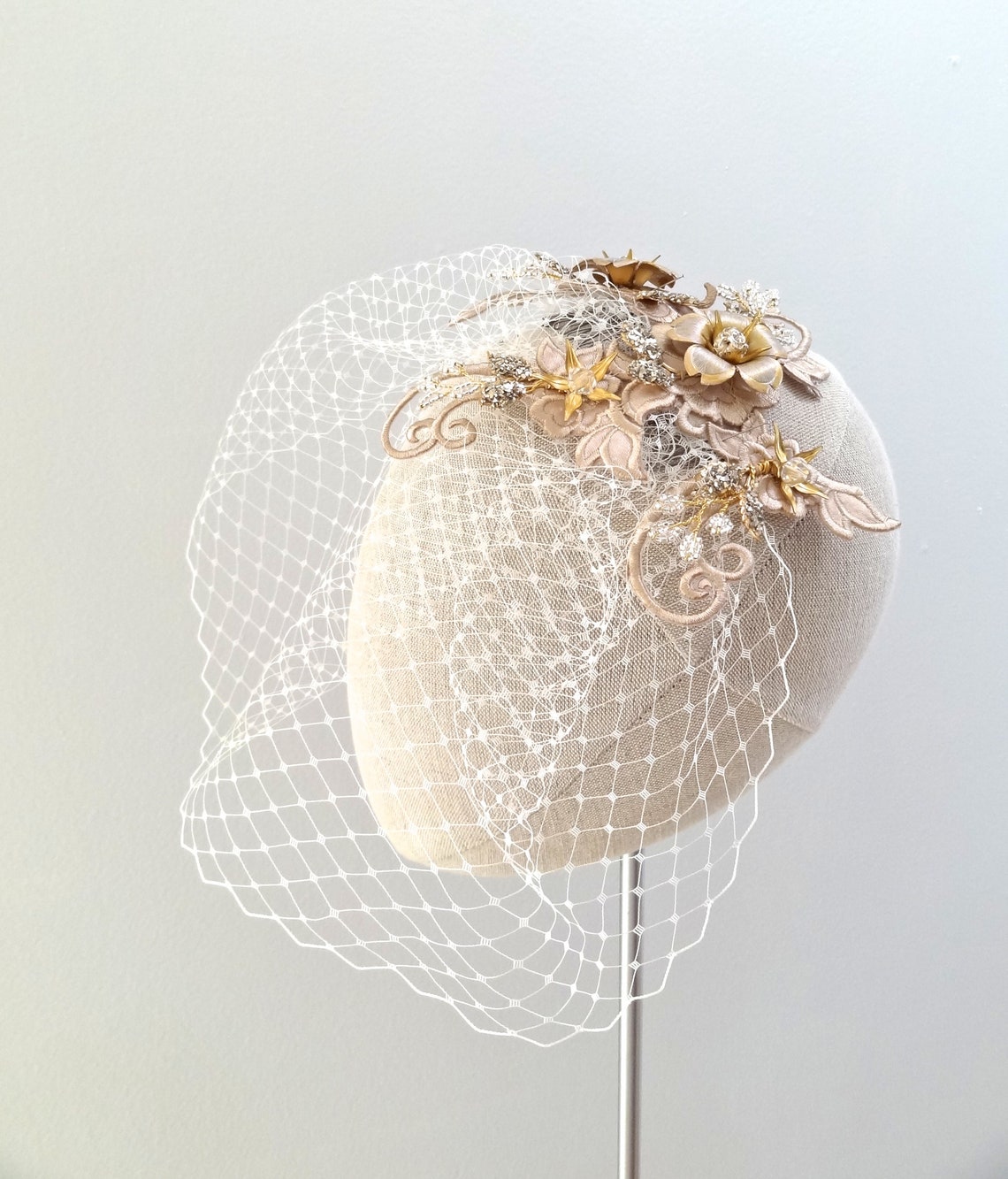 Bridal Birdcage Veil, Mocha Flower Adornment, Silver Leaf Wedding Hair ...