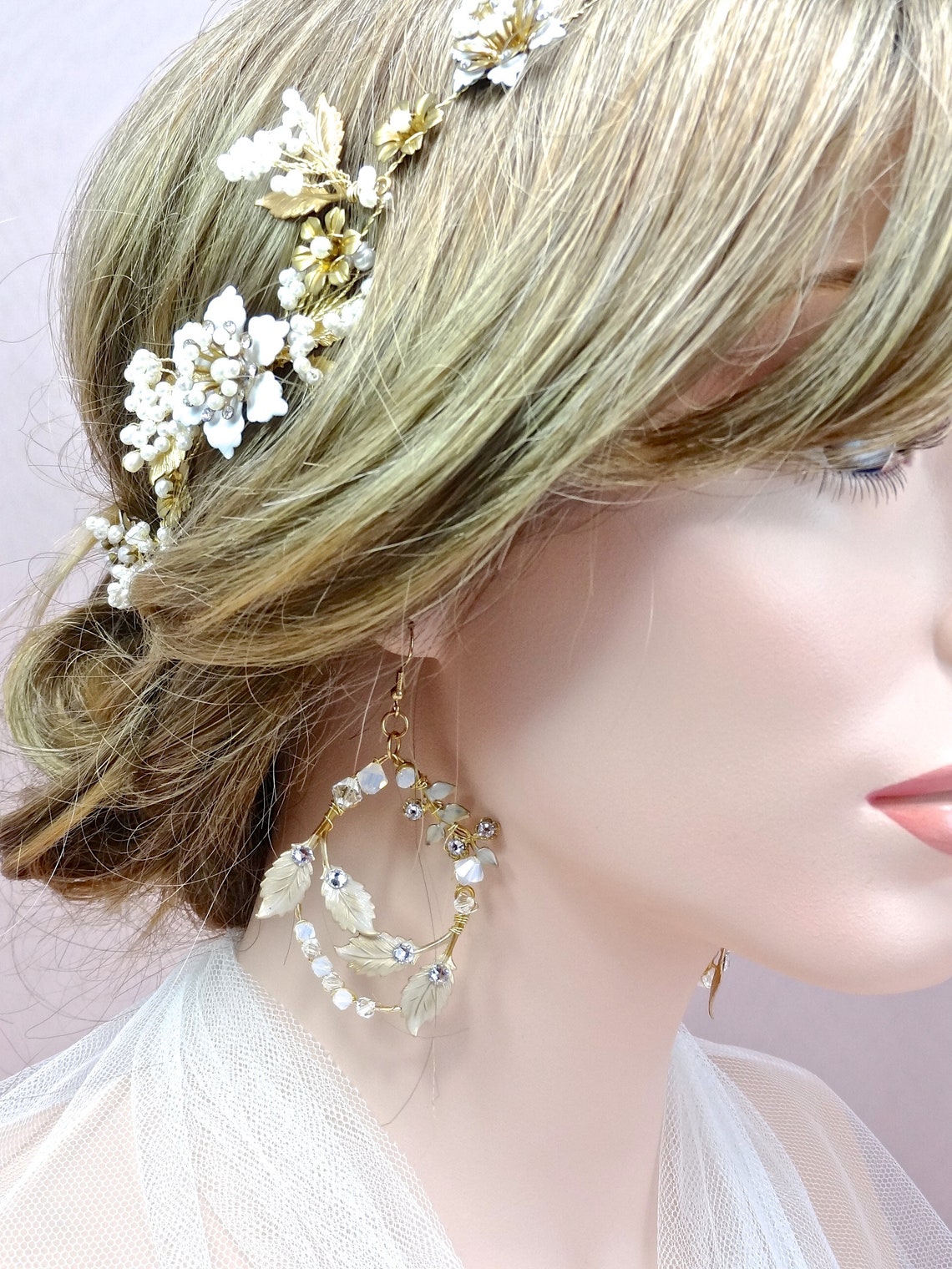Gold Floral Wedding Earrings, Crystal Bridal Statement Earrings. Style ...