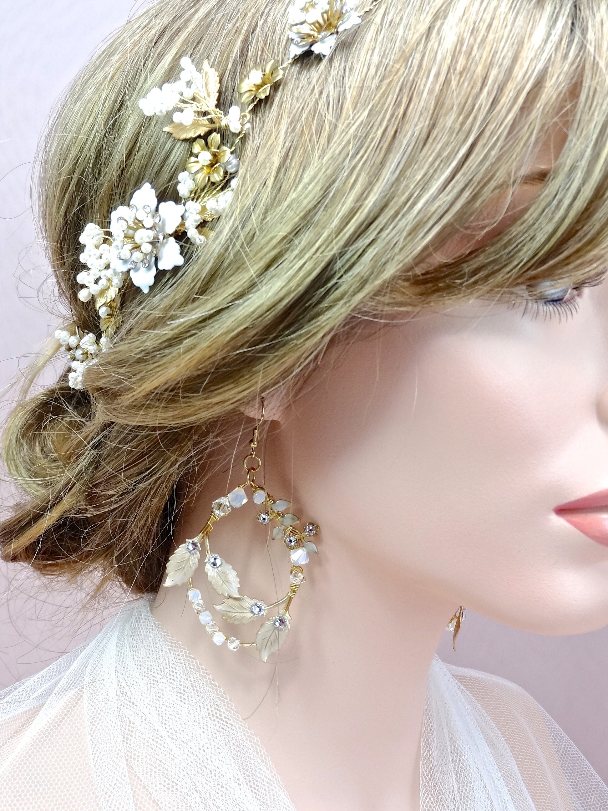 Gold Floral Wedding Earrings, Crystal Bridal Statement Earrings. Style ...