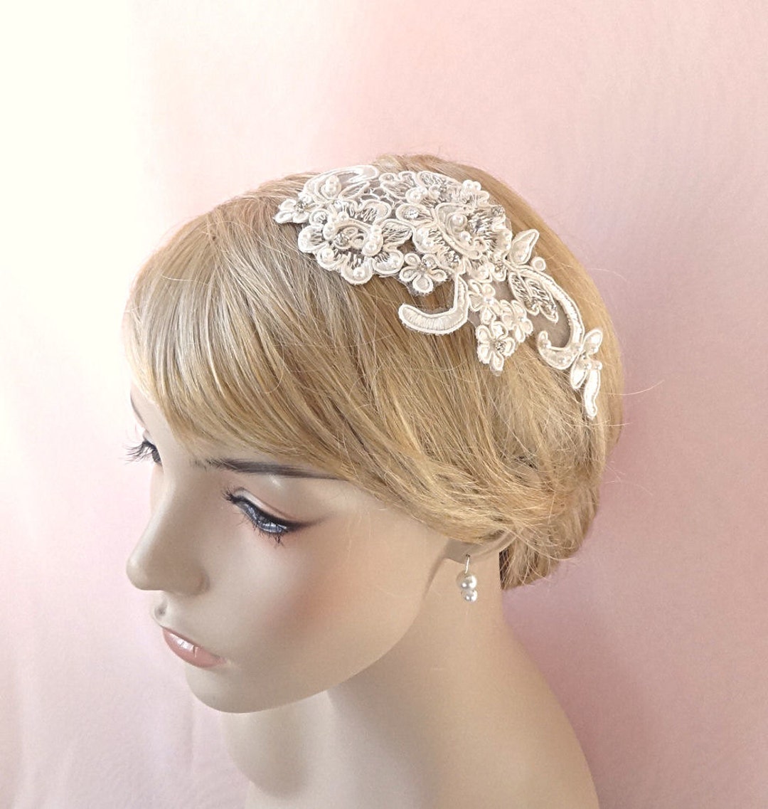 Bridal Lace Headpiece, Lace Crystal Headpiece, Bridal Pearls Hair ...