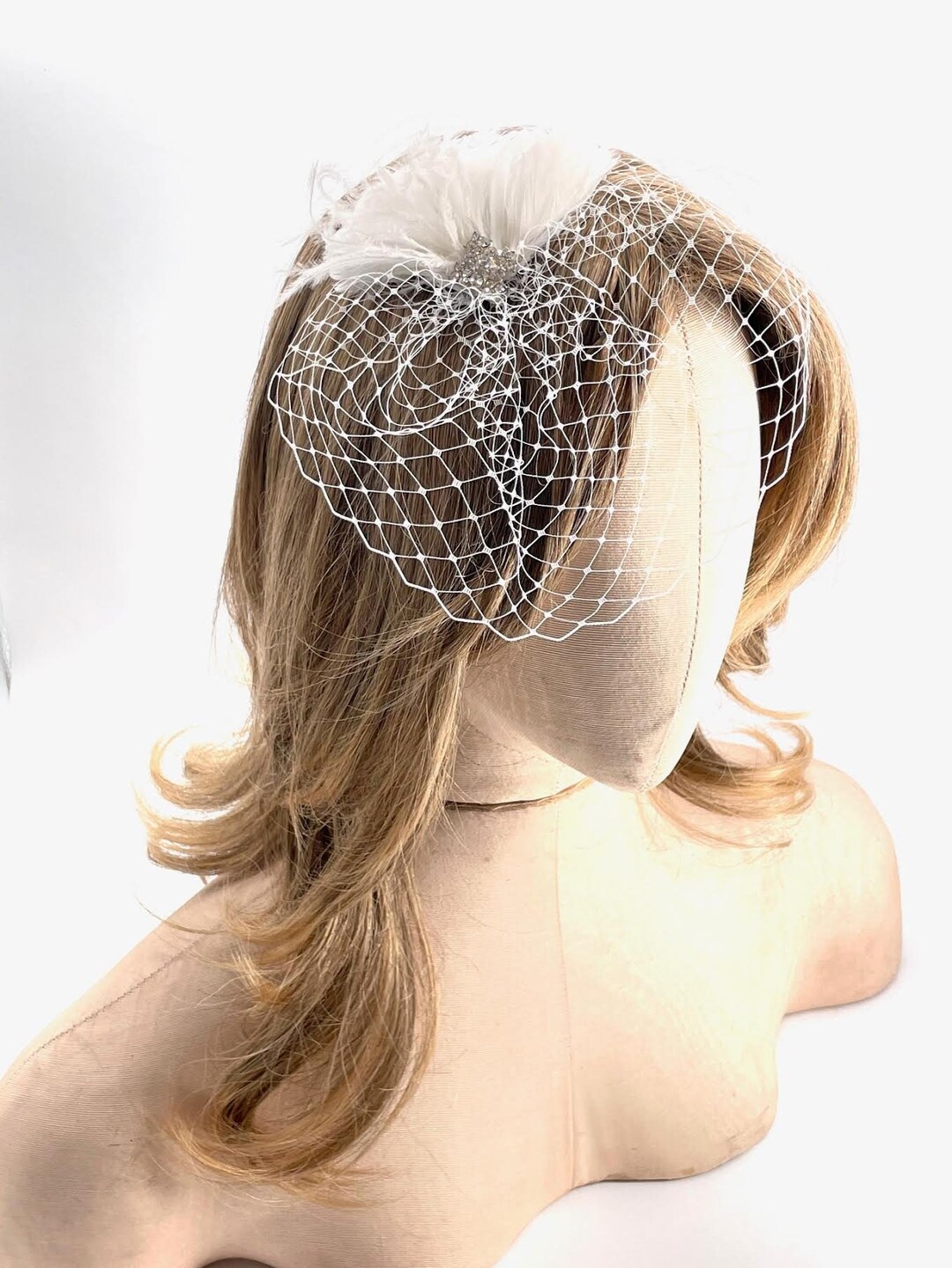 Mini Birdcage Veil White Feathers, Wedding Veil Feather Fascinator ...