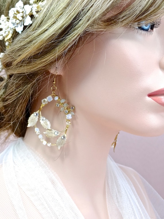 Gold wedding earrings brides earrings crystal bridal | Etsy