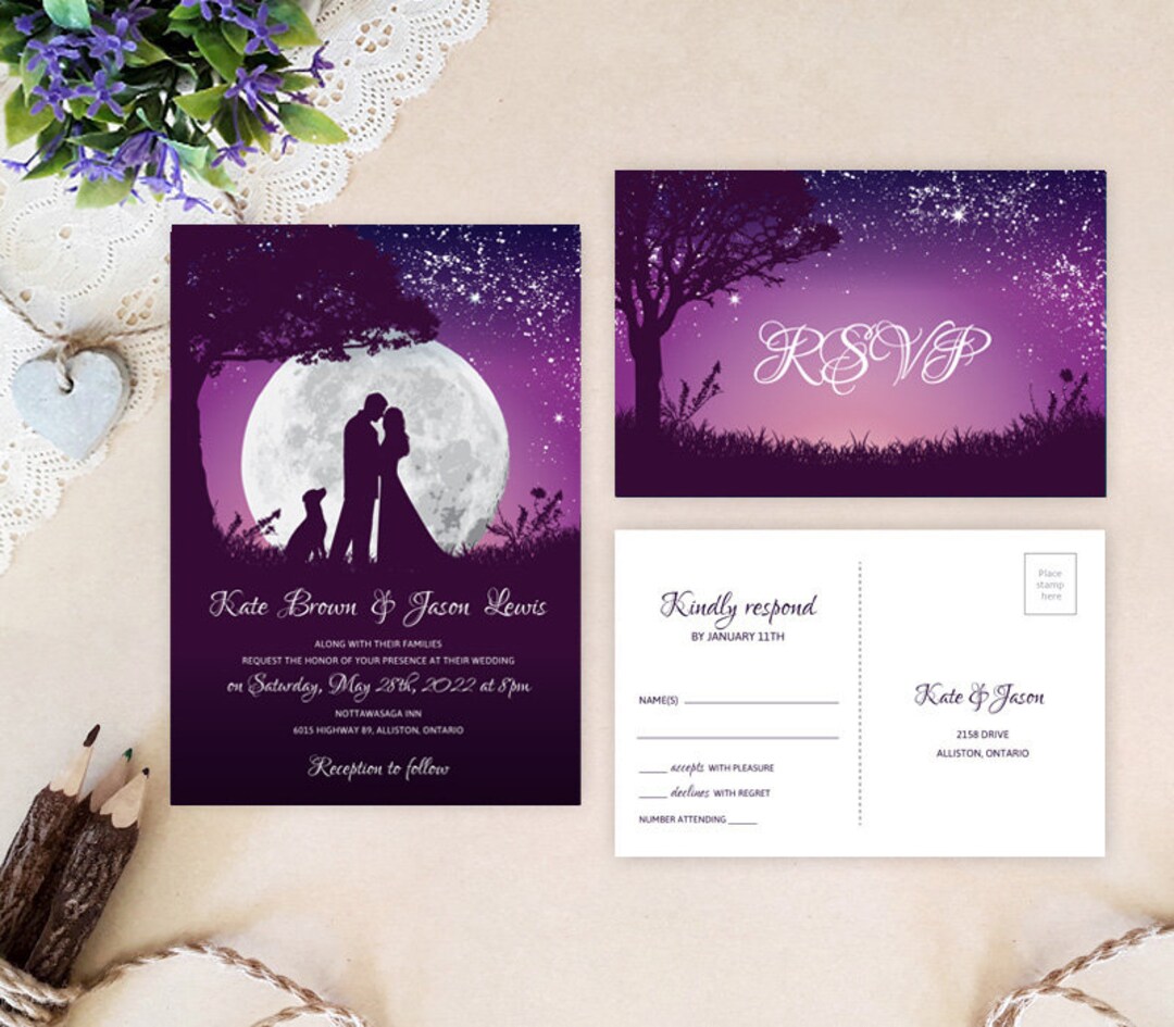 PRINTED Dog Wedding Invitations Rsvp Postcard Purple - Etsy
