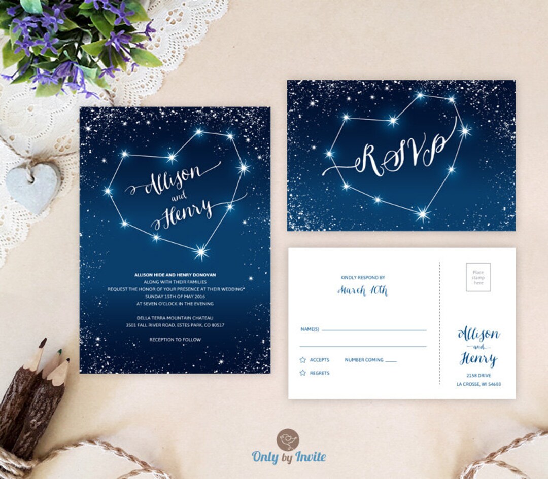 PRINTED Starry Night Wedding Invitations Heart Constellation Wedding ...
