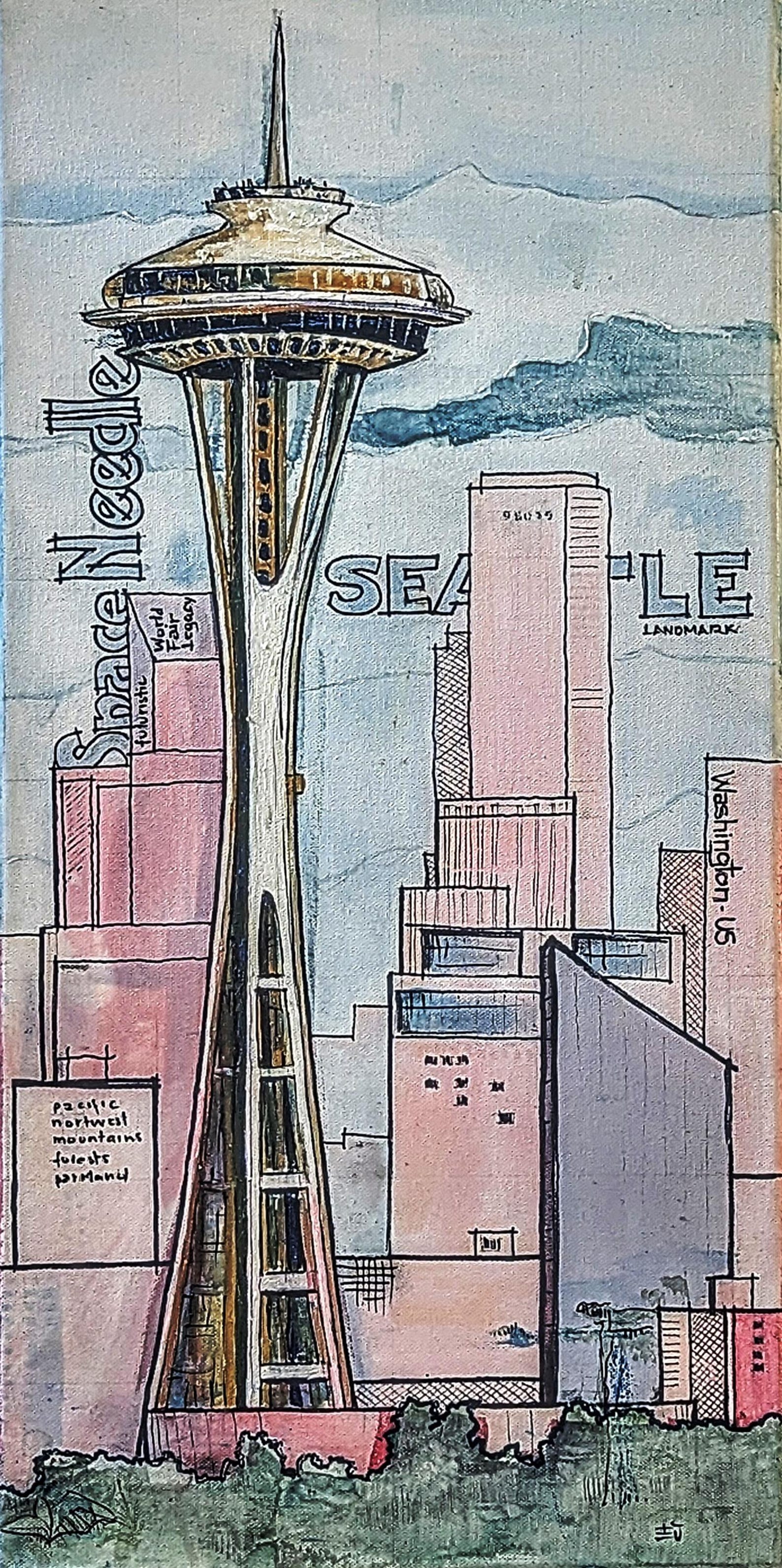 Original Art Space Needle Seattle Mixed Media -art -24H X 12W Inches ...
