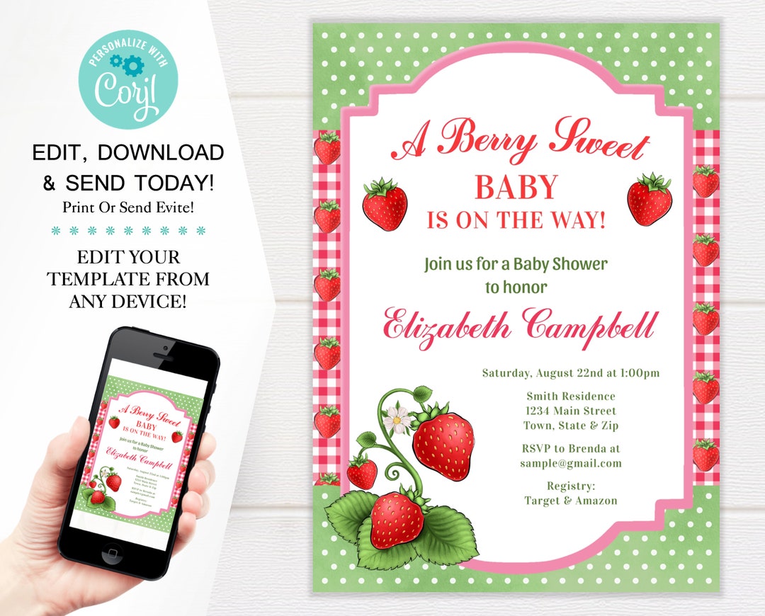 Berry Sweet Baby Strawberry Shower Invitation Template, Strawberry ...
