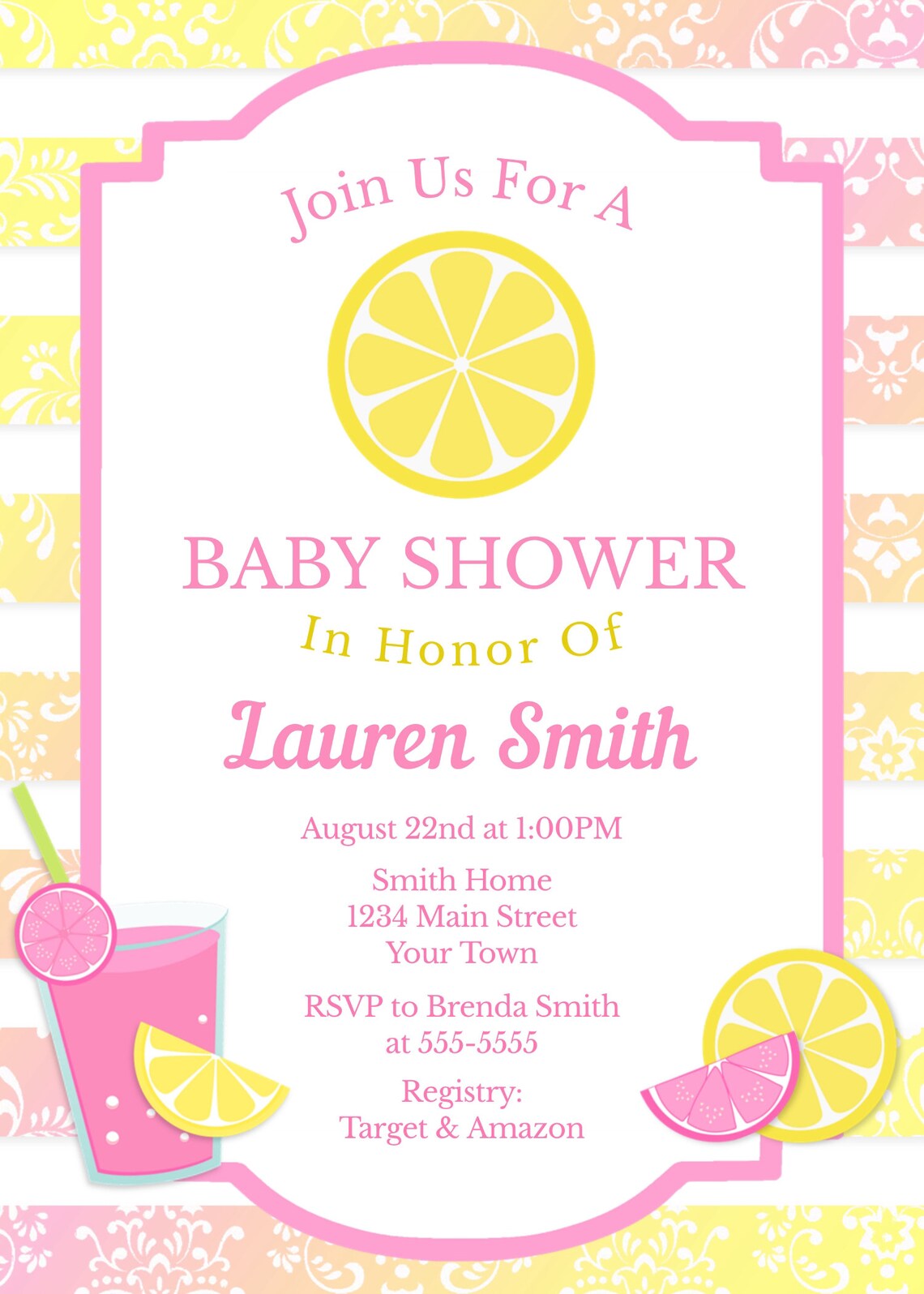 Pink Lemonade Baby Shower Invitation Template Digital File | Etsy