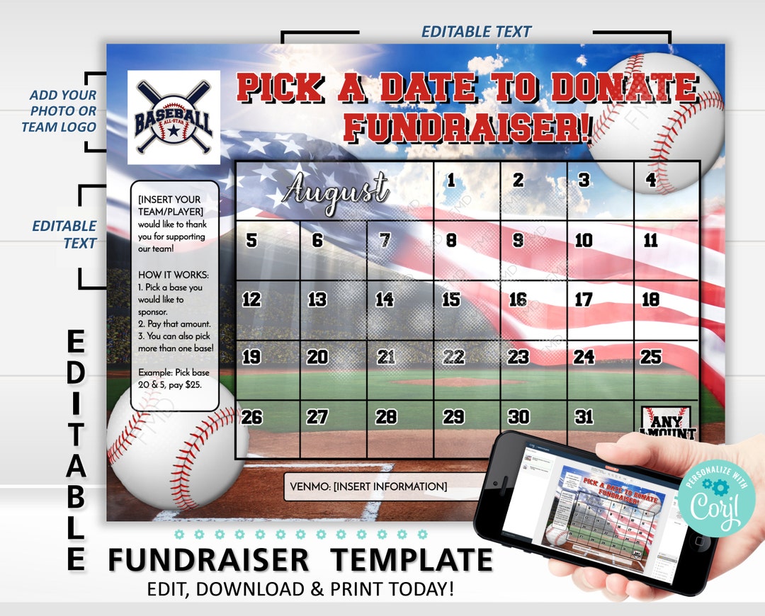 Editable Baseball Calendar Fundraiser Template Pick A Date To Donate