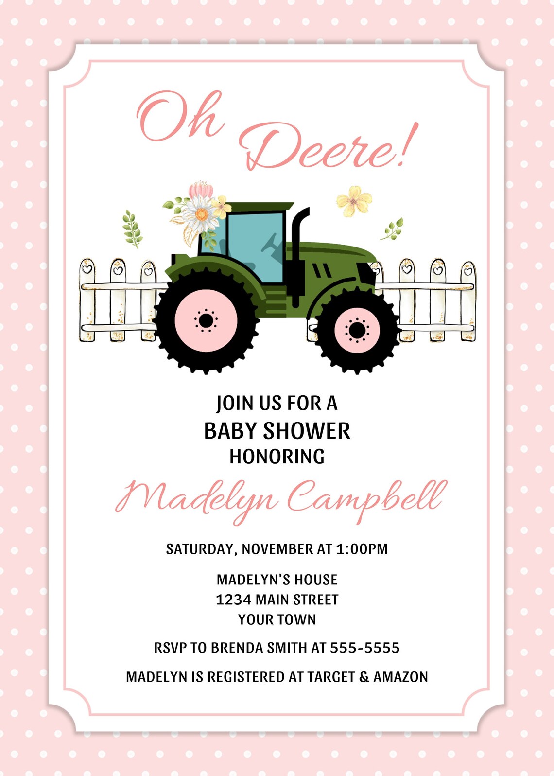 Tractor Girl Baby Shower Invitation Template, Cute Pink Tractor Shower ...