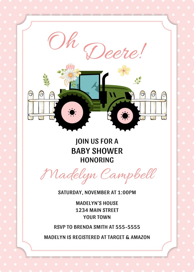 Tractor Girl Baby Shower Invitation Template, Cute Pink Tractor Shower ...