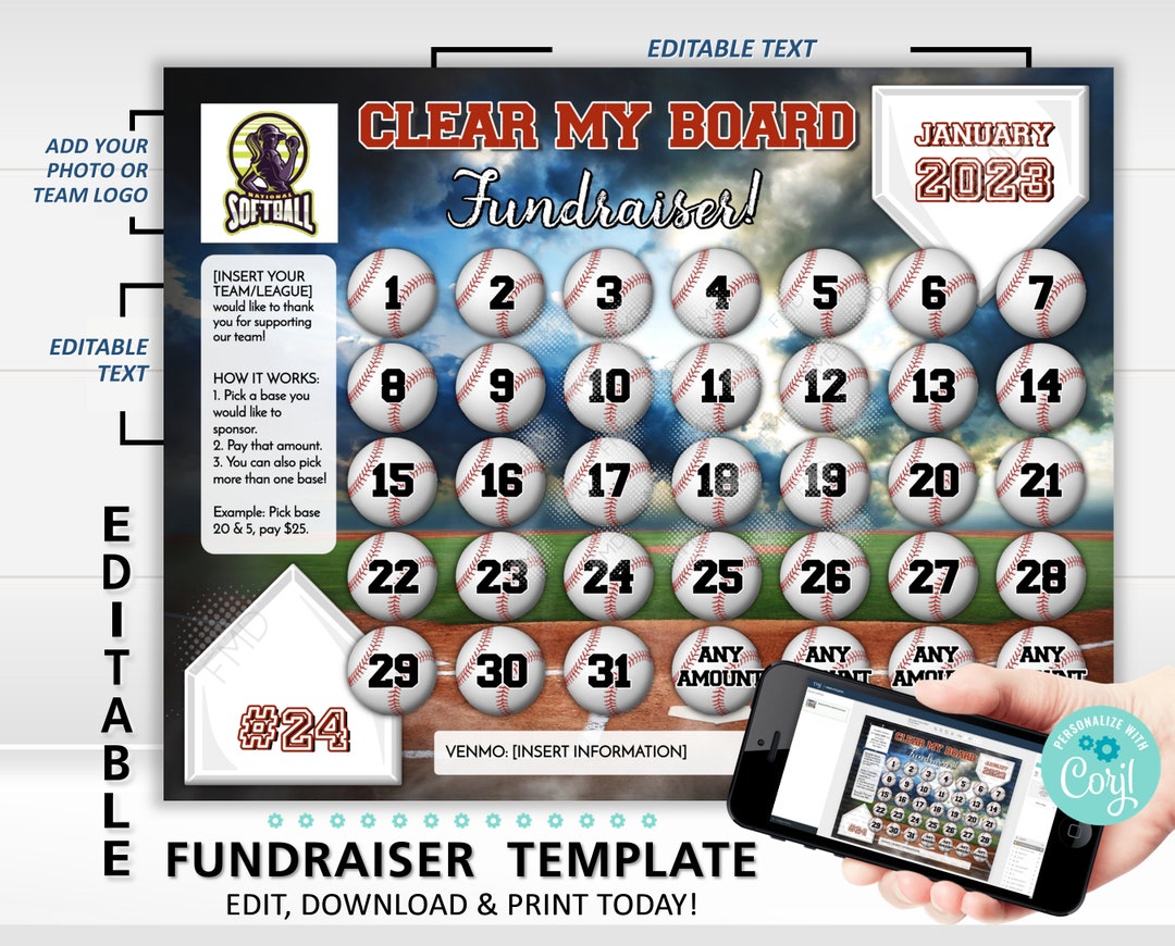 Editable Baseball Calendar Fundraiser Template Clear the - Etsy