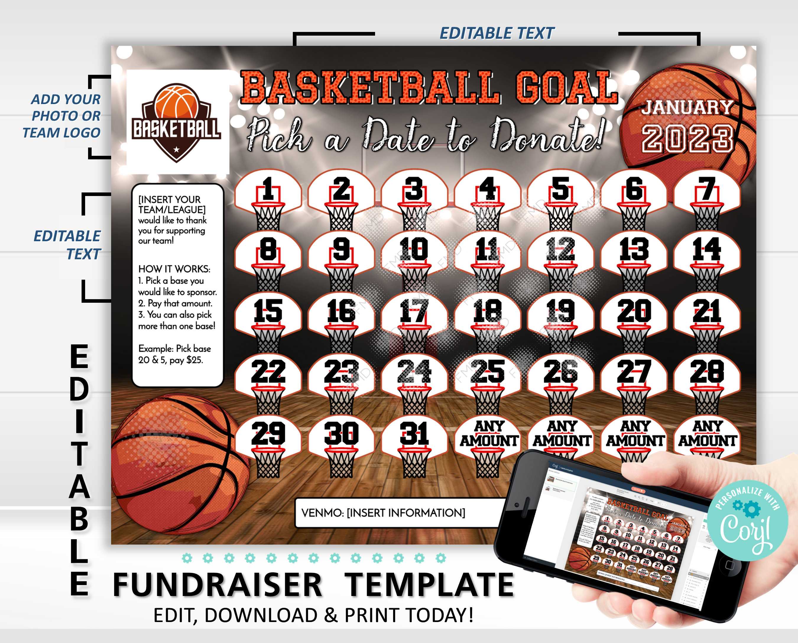 Editable Basketball Team Fundraiser Calendar Template | Clear the Board ...