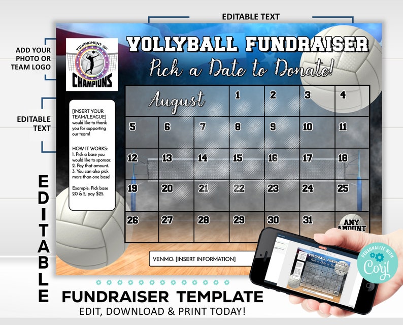 Editable Volleyball Fundraiser Calendar Template | Clear the Board ...