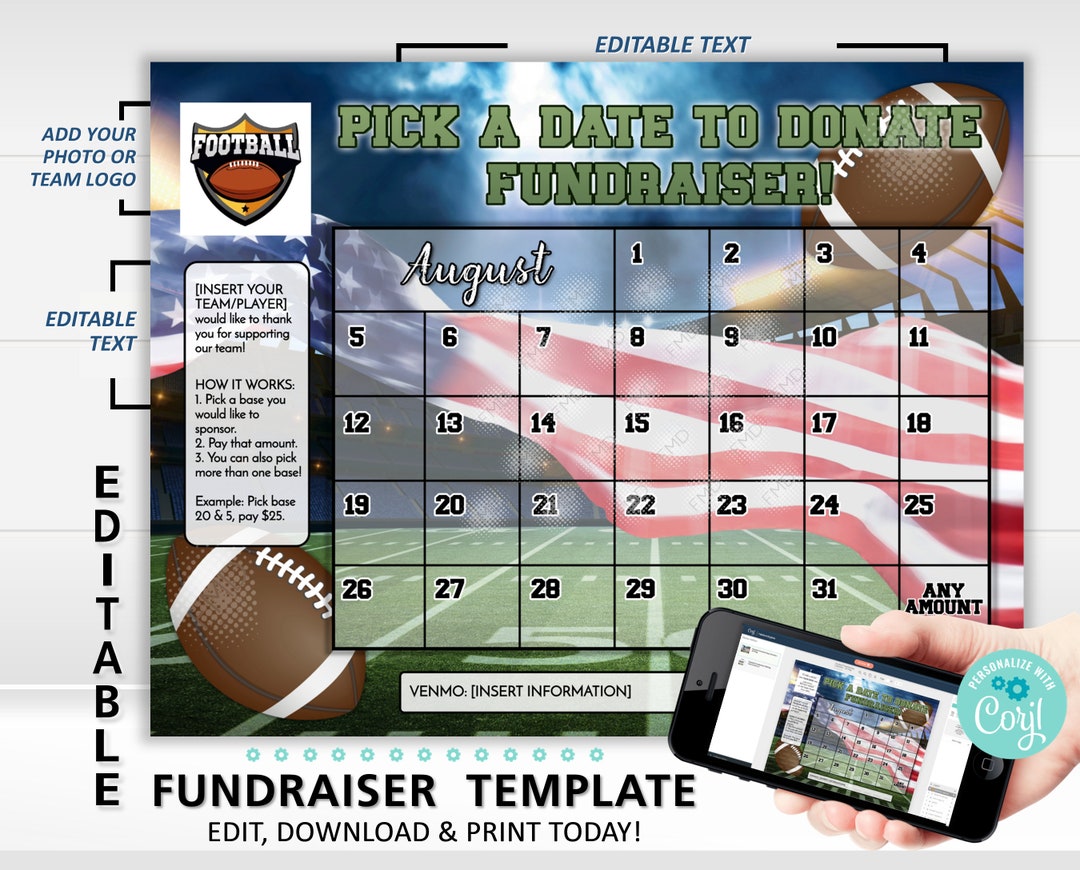 Editable Football Team Calendar Fundraiser Template | Clear the Board ...