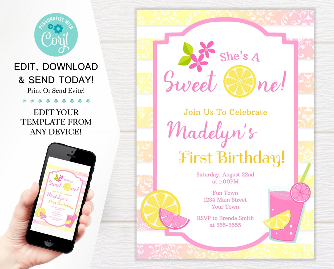 Pink Lemonade Birthday Invitation Template Digital File - Etsy