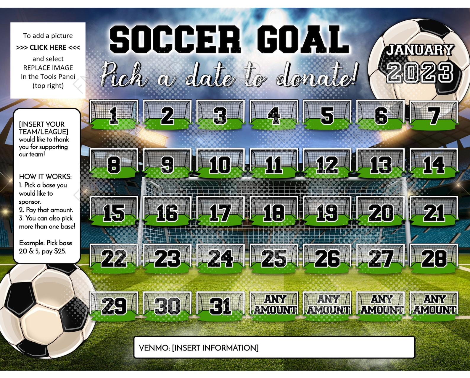 Editable Soccer Fundraiser Calendar Template | Clear the Board (digital ...