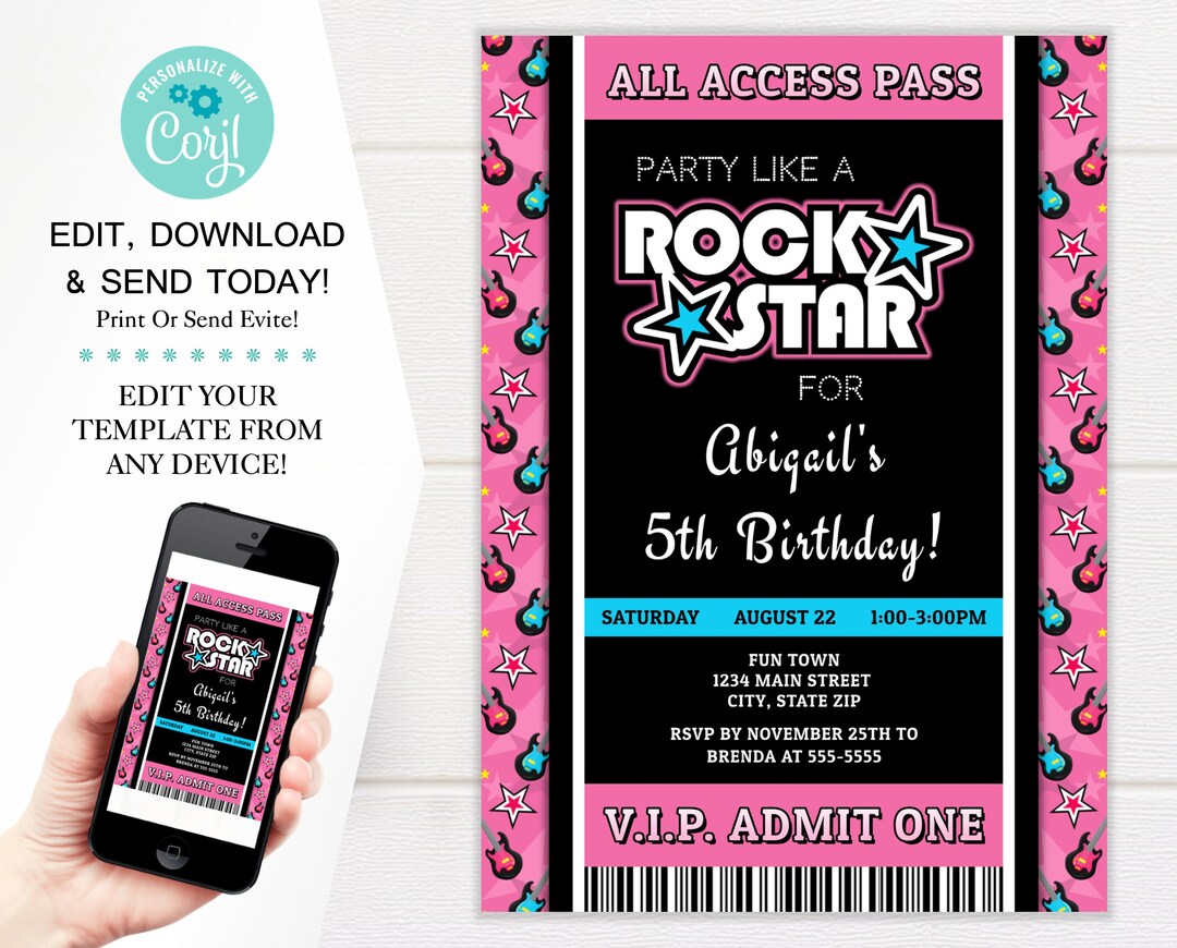 Rock Star Party Invitation Template, VIP Ticket Birthday Invites, 5x7 ...