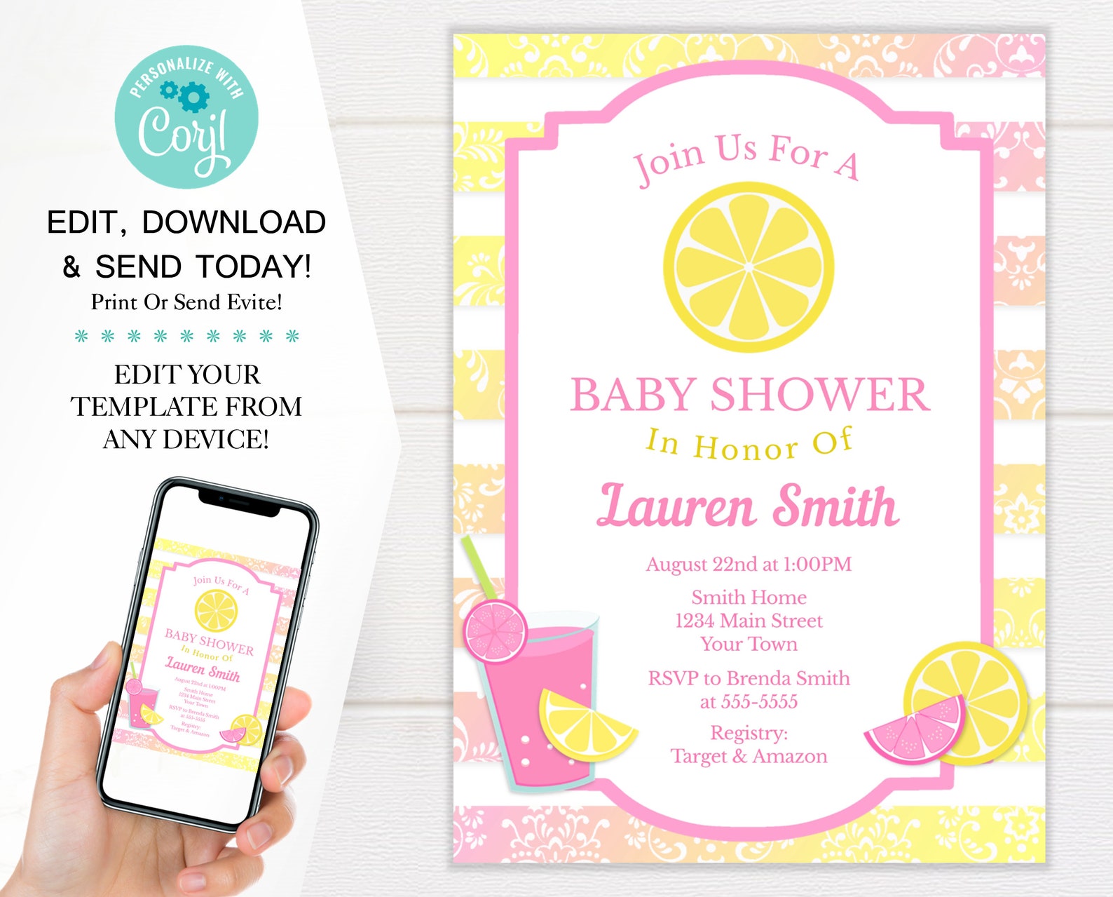 Pink Lemonade Baby Shower Invitation Template Digital File | Etsy