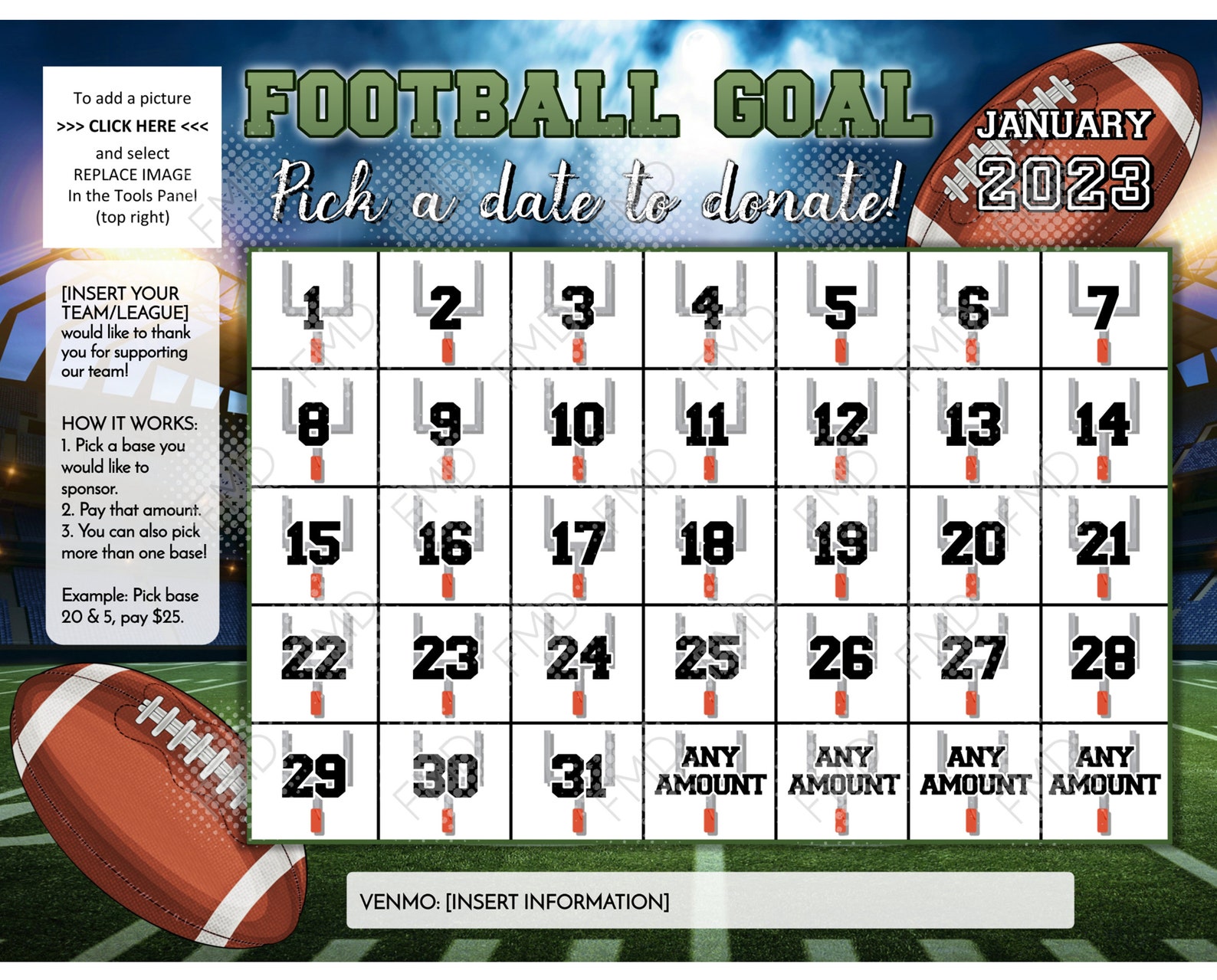 Editable Football Team Fundraiser Calendar Template | Clear the Board ...