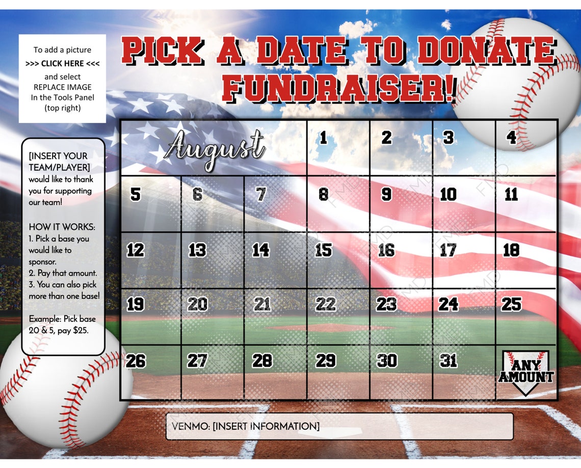 Editable Baseball Fundraiser Calendar Template | Pick A Date to Donate ...