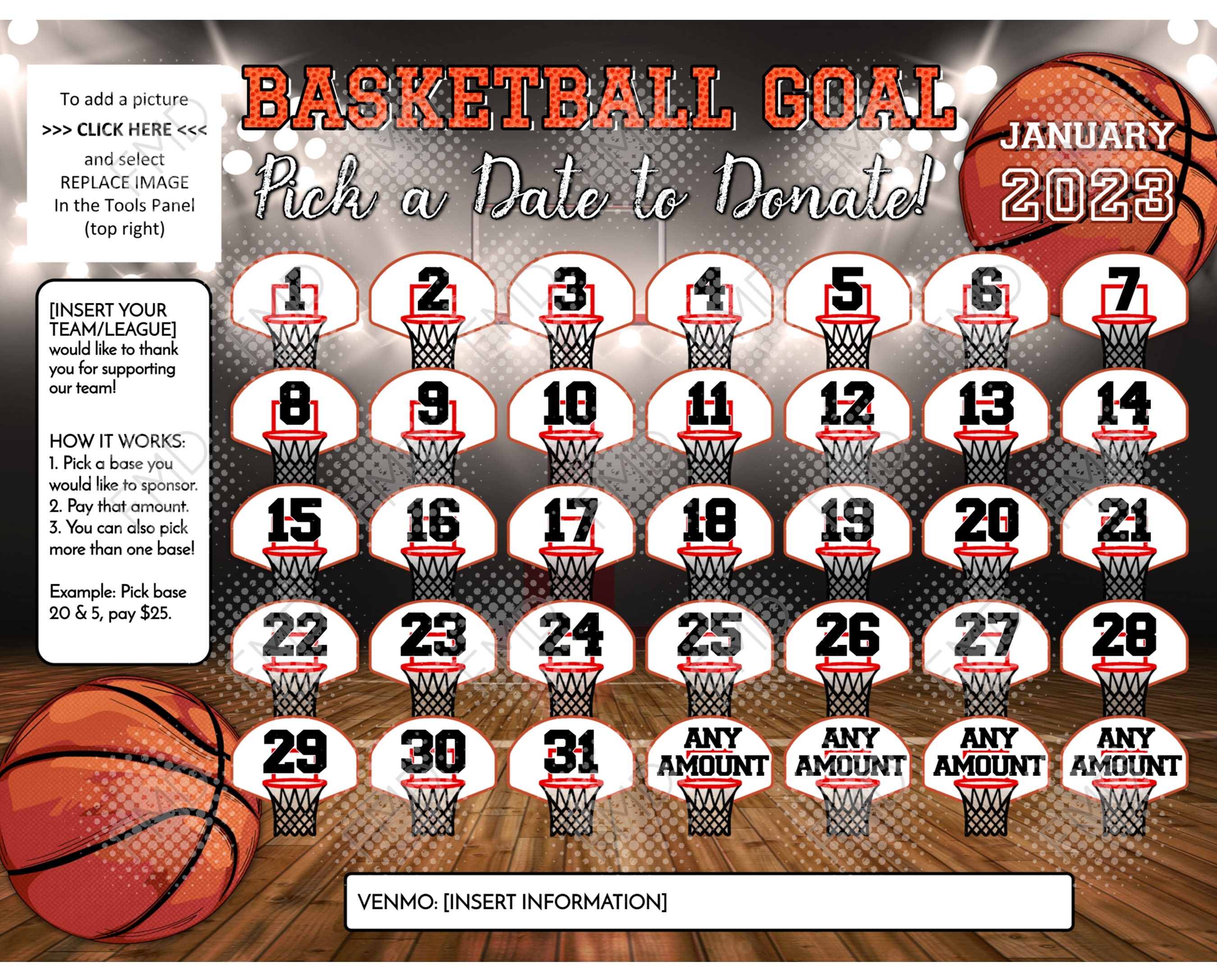Editable Basketball Team Fundraiser Calendar Template | Clear the Board ...