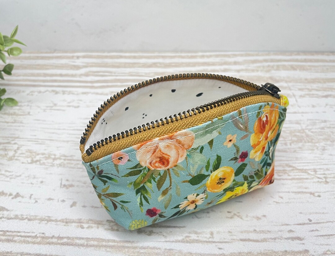 Small Rounded Pouch, Curved Zip Cosmetic Bag, Light Blue Floral Fabric ...