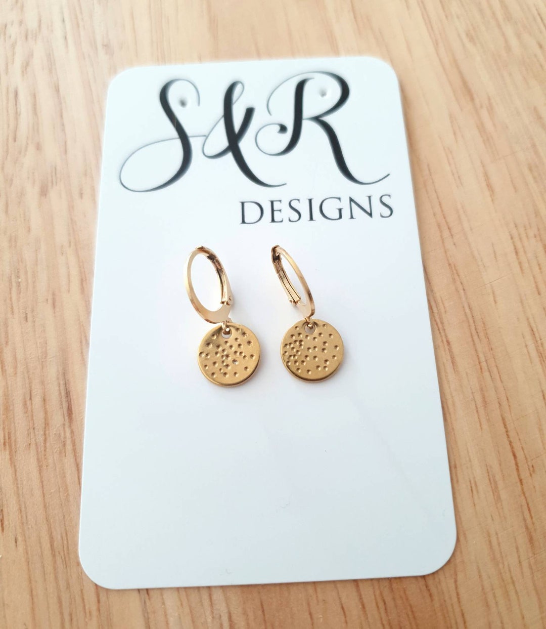Gold Hammered Dot Circle Disc Leverback Drop Earrings, Coin Disc Hoops ...