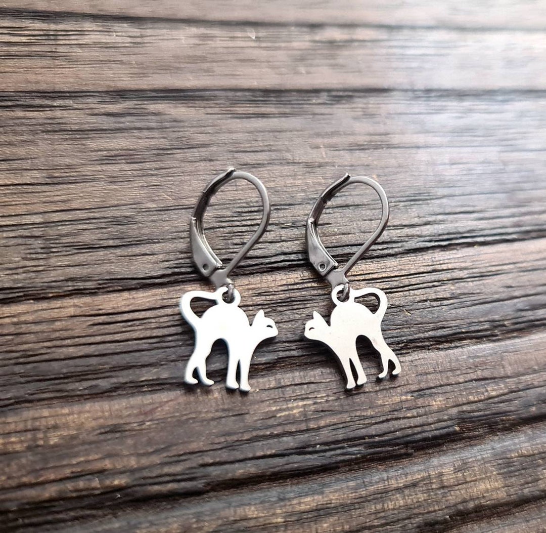 Cat Leverback Earrings, Cat Dangle Earrings, Stainless Steel Dangle ...