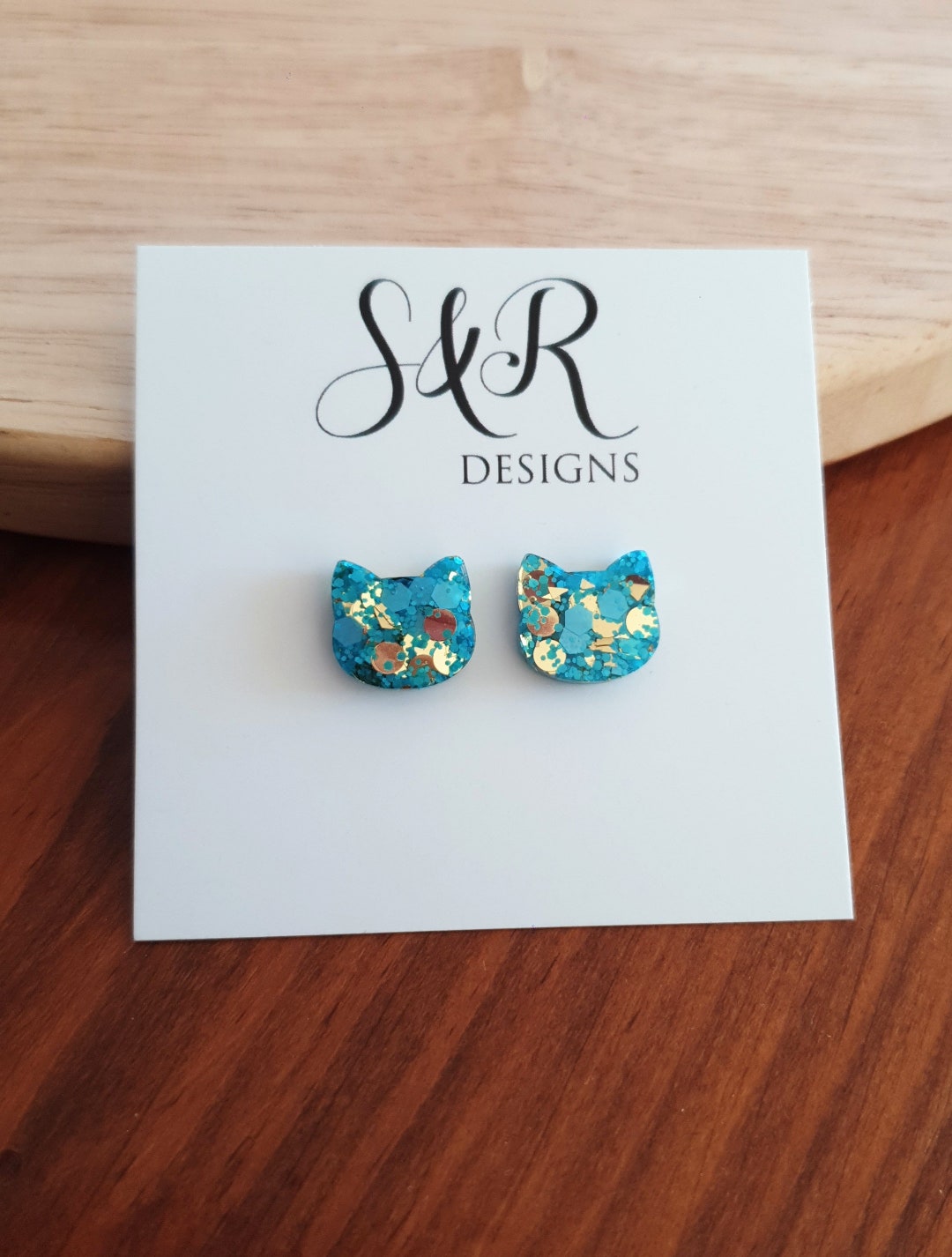 Aqua Gold Cat Earrings, Cat Resin Stud Earrings, Aqua Blue and Gold Mix ...