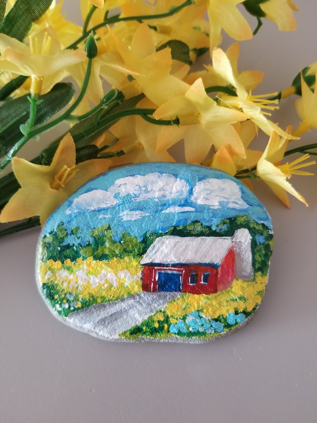 Hand-painted Stone, Red Barn Art, Farm Art, Country Barn, Barn on Rock ...