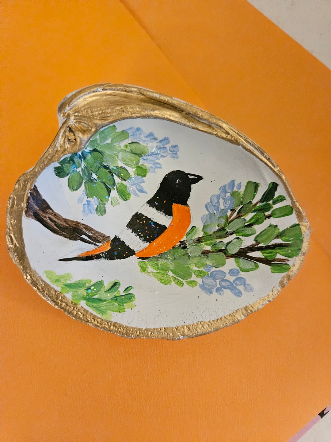 Painted Shell, Painted Seashell, Baltimore Oriole Artwork, Trinket Dish ...