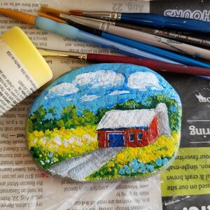 Hand-painted Stone, Red Barn Art, Farm Art, Country Barn, Barn on Rock ...