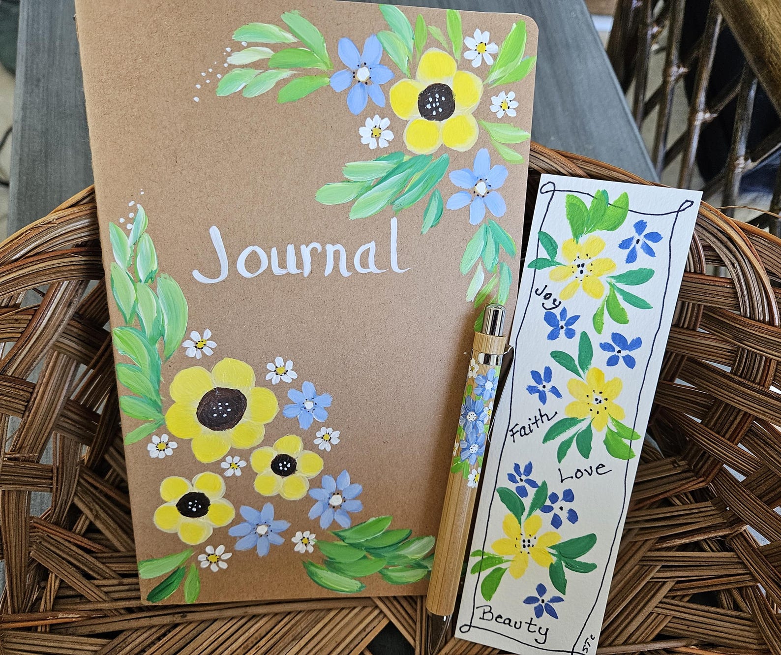Hand-painted Sunflower Journal Set: Floral Diary With Wooden Pen ...