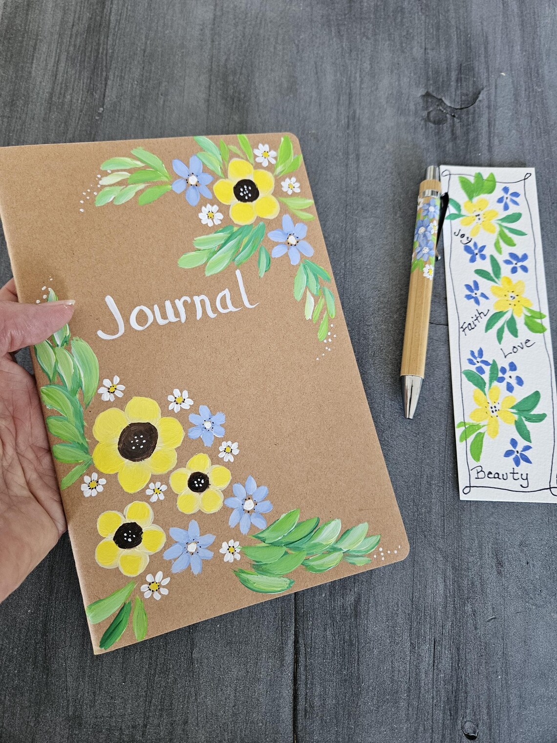 Hand-painted Sunflower Journal Set: Floral Diary With Wooden Pen ...
