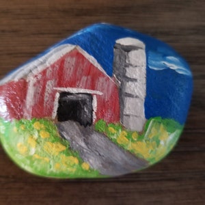 Hand Painted Stone, Hand-painted Rock, Barn Painting, Red Barn, Small ...