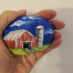 Hand Painted Stone, Hand-painted Rock, Barn Painting, Red Barn, Small ...