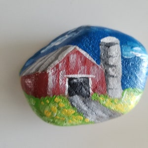 Hand Painted Stone, Hand-painted Rock, Barn Painting, Red Barn, Small ...